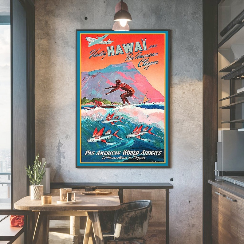 Vintage Travel Advertisement Art Poster. Honolulu, Hawaii Surfing in ...