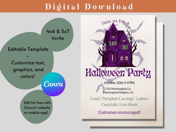 Haunted House Halloween Invite Template Canva Template for - Etsy
