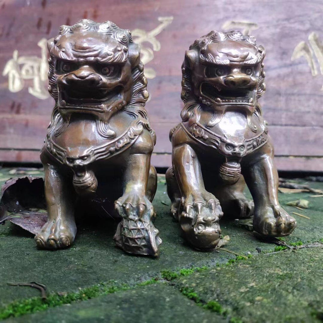 Copper Bronze Vintage Antique Fu Foo Dog Guardian Lion Statues, Marked ...