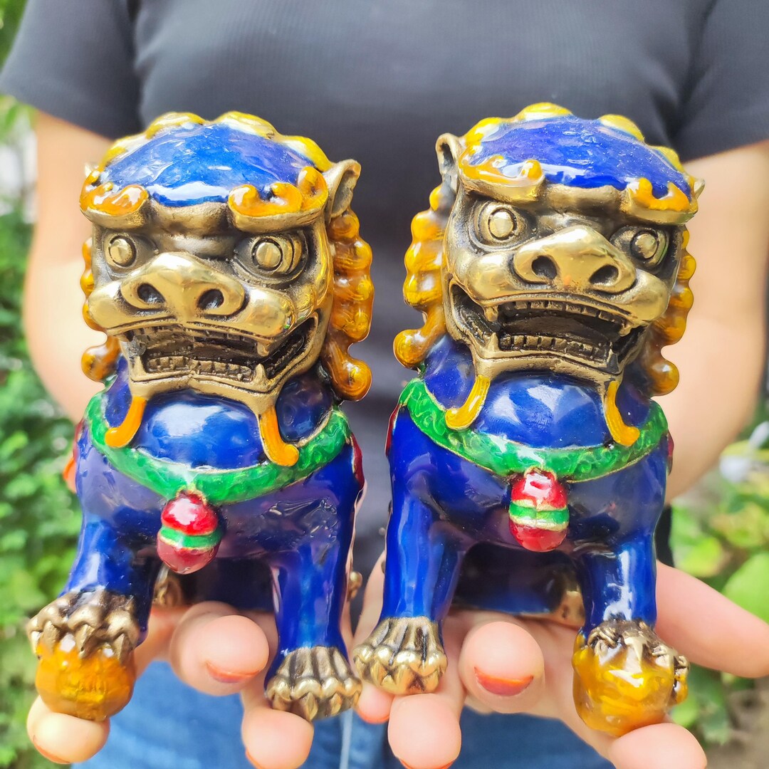 Vintage Antique Copper Bronze Fu Foo Dog Guardian Lion Statues, Marked ...