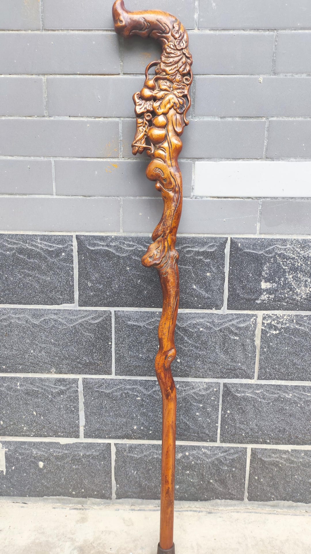 Solid Wood Rare Fine Cane Walking Stick Hand Carved Exquisite Gourd ...