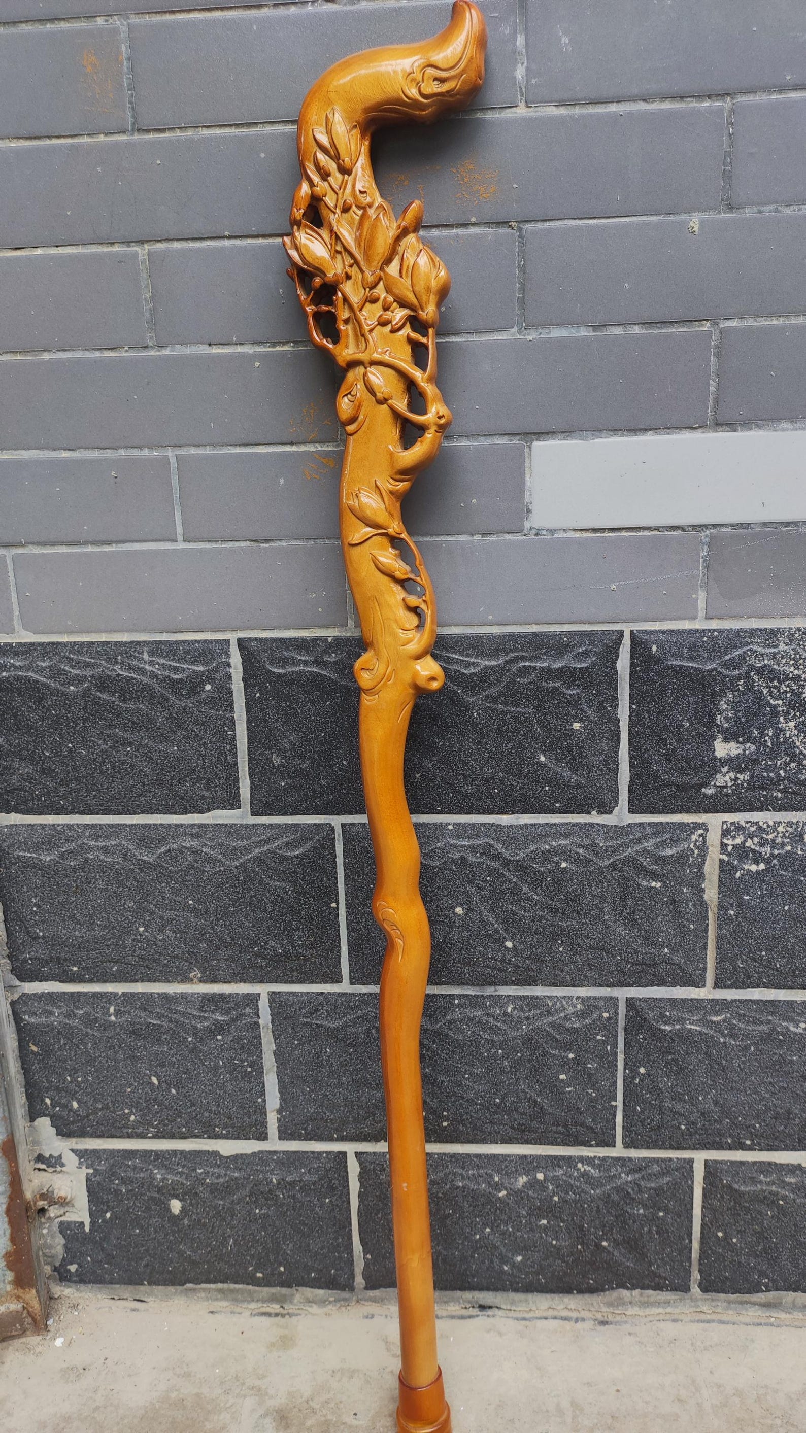 Solid Wood Carved Flowers Cane Walking Stick Hand Carved Exquisite ...
