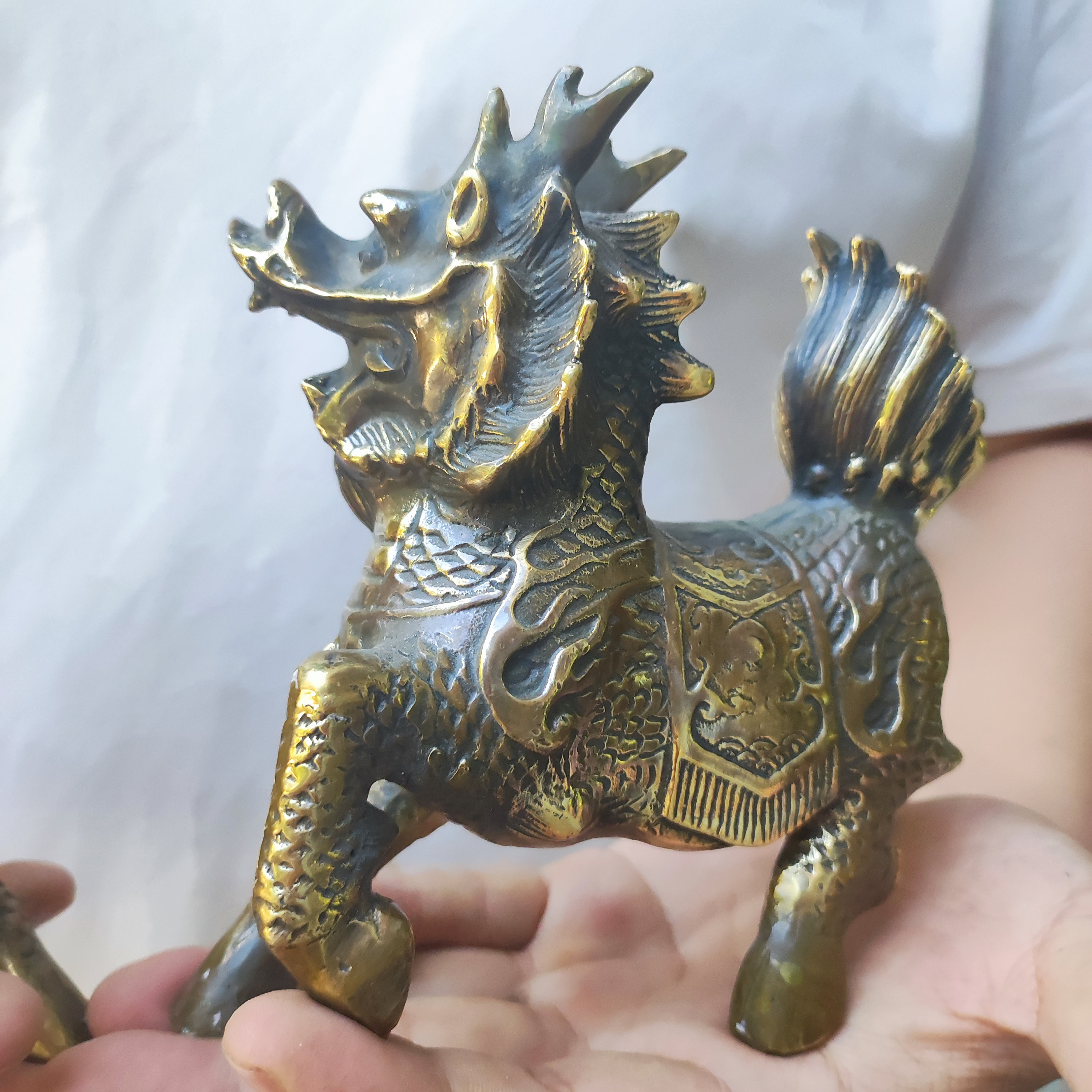 Pair of Brozen Feng Shui Chi Lin Qilin Kei Loons Dragon Horse Heavenly ...