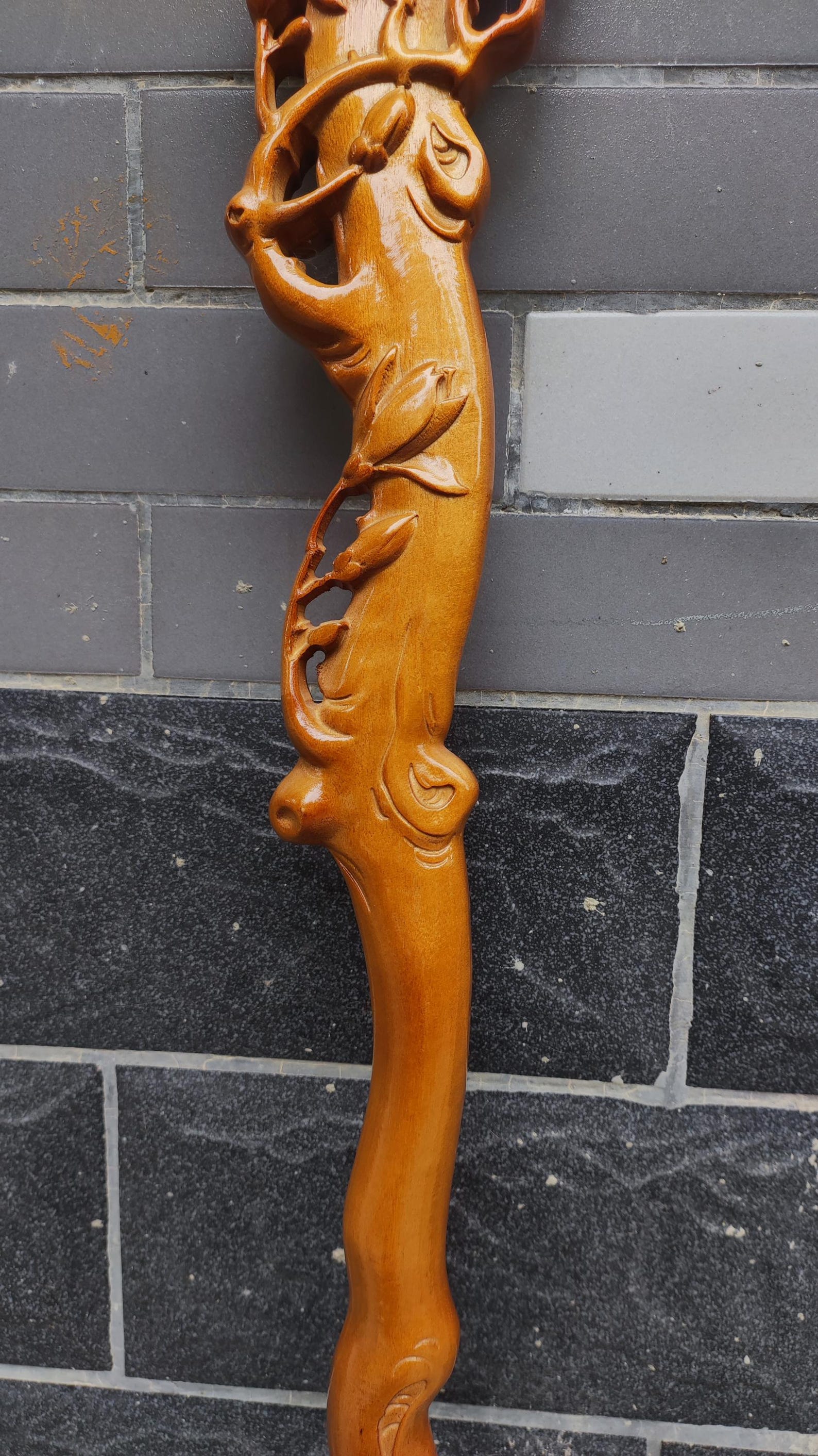 Solid Wood Carved Flowers Cane Walking Stick Hand Carved Exquisite ...