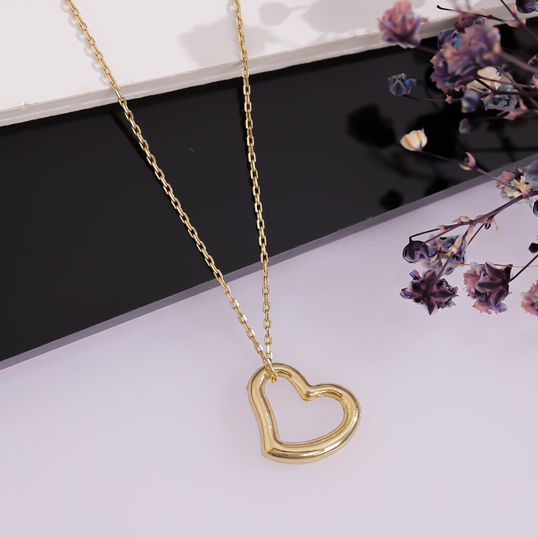 14K Real Gold Open Heart Necklace Women Dainty Love Pendant Gold Heart ...