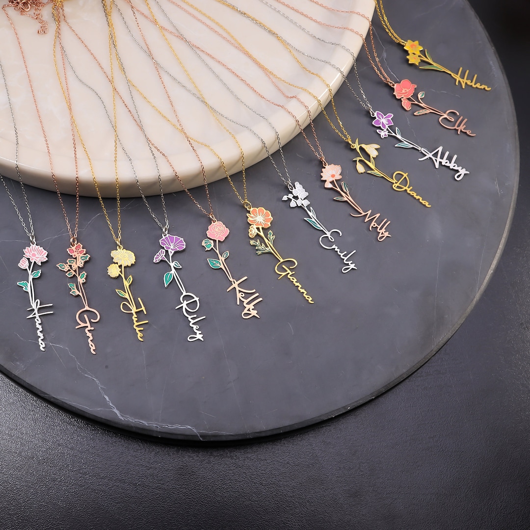 Personalized Birth Flower Name Jewelry, Colorful Birth Floral Nameplate Pendant, Custom Birth ...