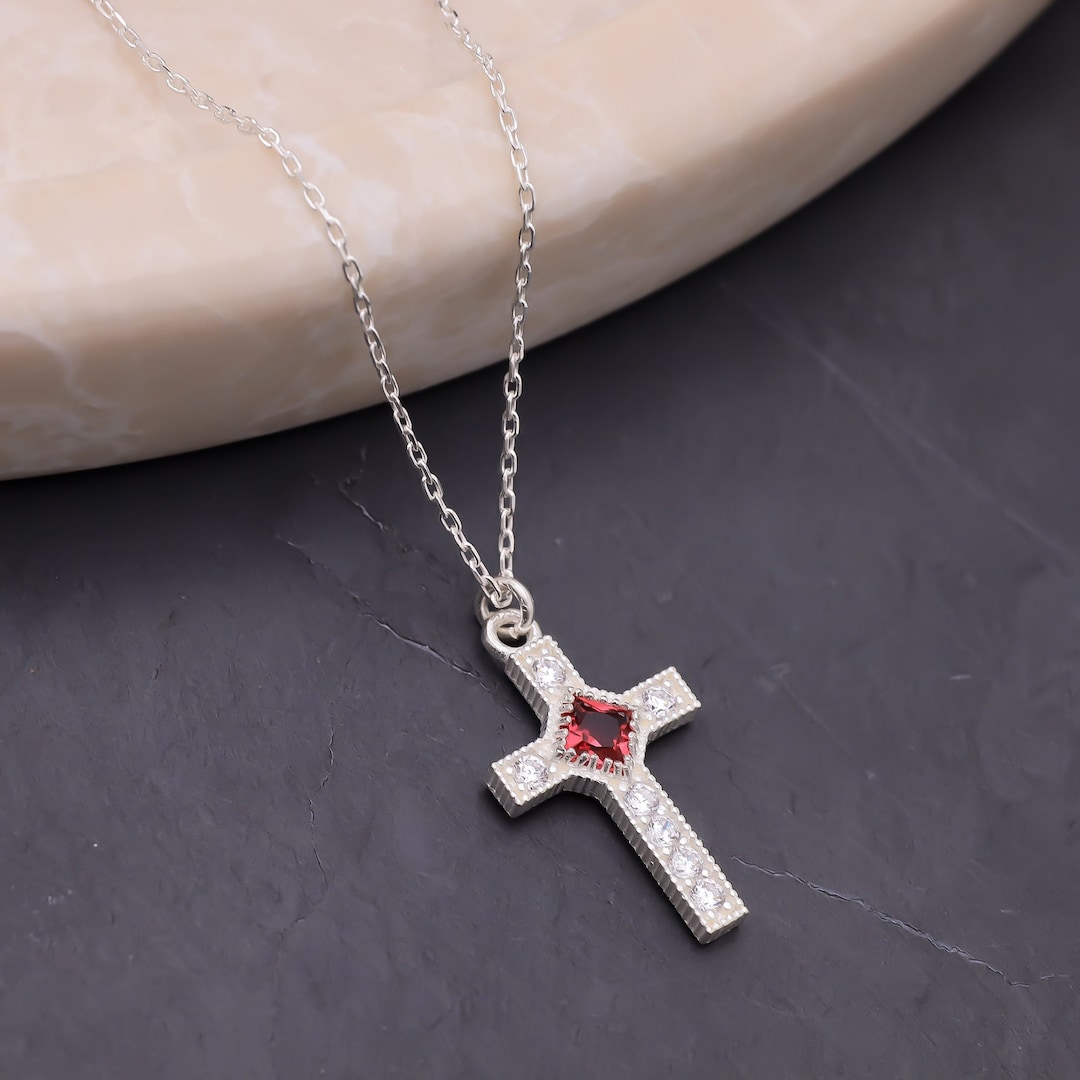Cross Birthstone Necklace Personalized Cross Necklace Dainty - Etsy