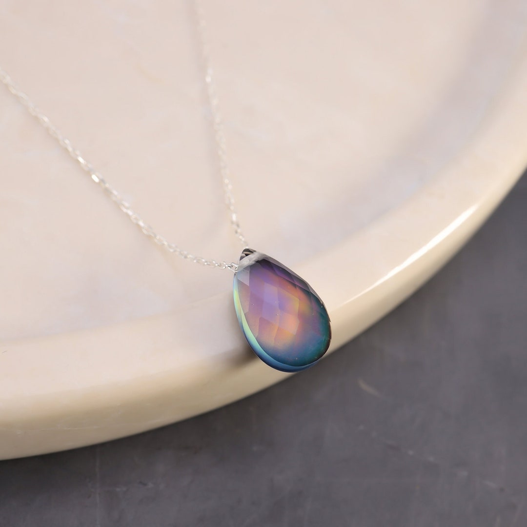 Silver Mood Stone Necklace Dainty Changing Color Mood Stone Pendant ...