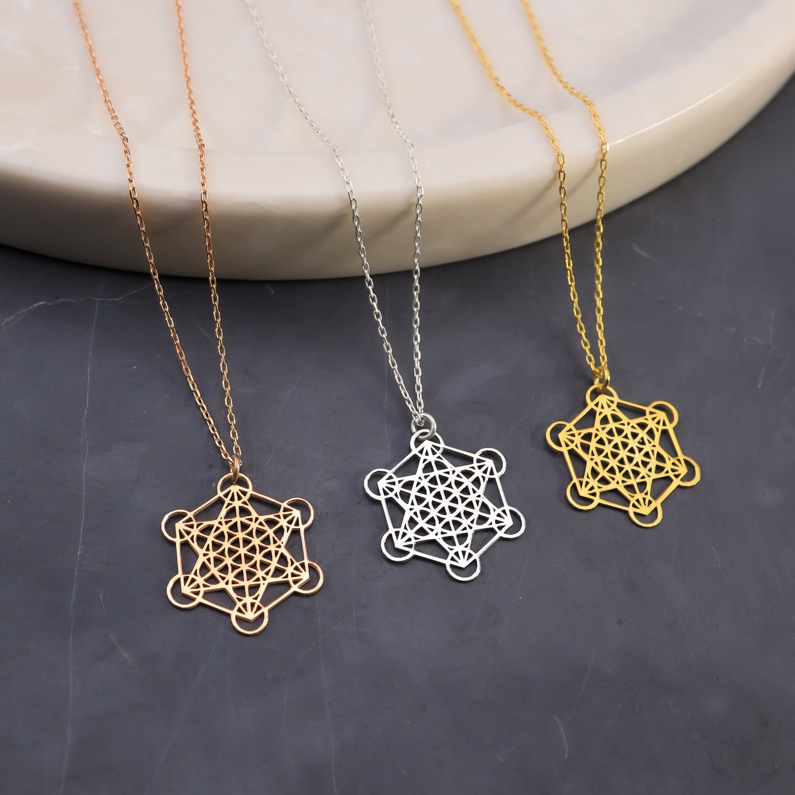 14K Solid Gold Metatron Necklace 8K Pure Gold Metatron Cube Pendant ...
