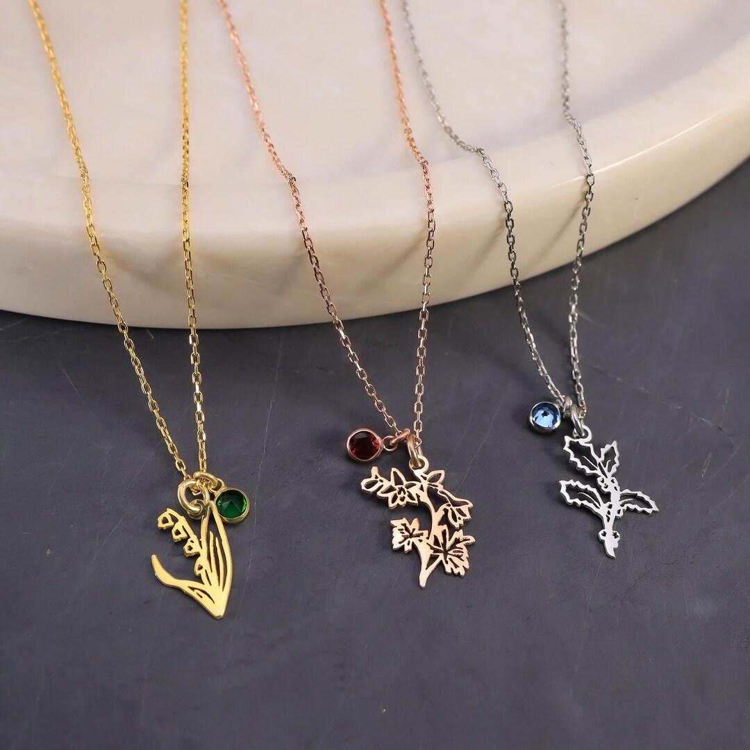 Silver Birthflower Necklace Dainty Birth Month Flower Necklace With ...