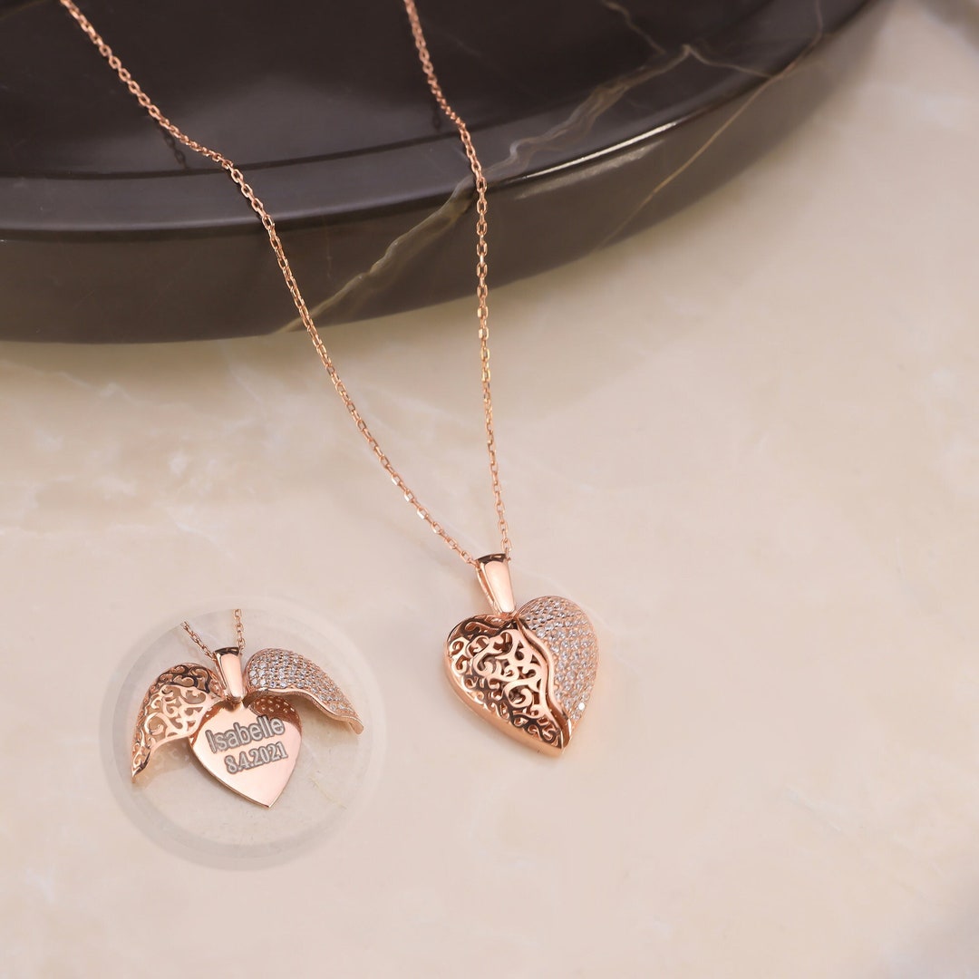 Personalized Angel Wings Necklace Engraved Name Heart Pendant Custom ...