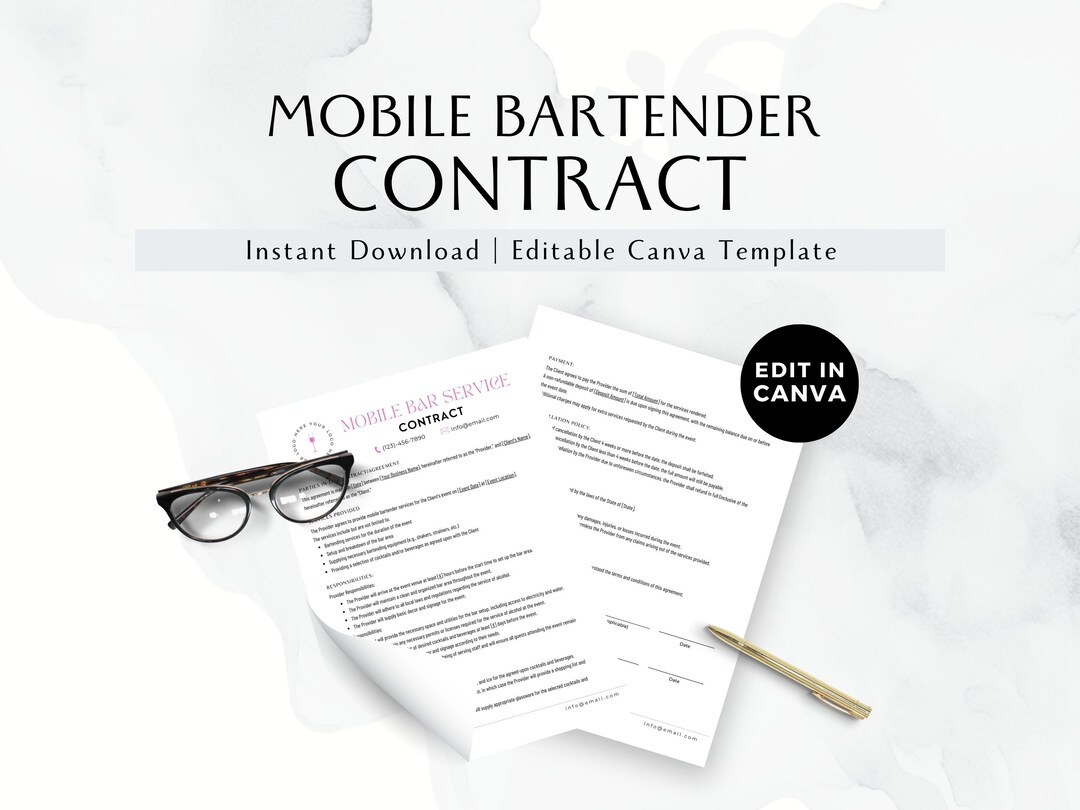 Mobile Bartending Contract, Bartending Services Agreement, Canva Editable Template, Business ...