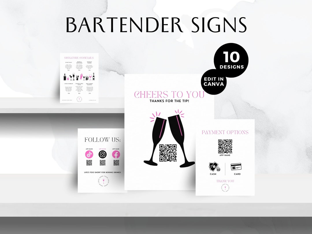 Mobile Bartending Signs Bundle, Tip Jar Sign With QR Code, Scan to Pay ...