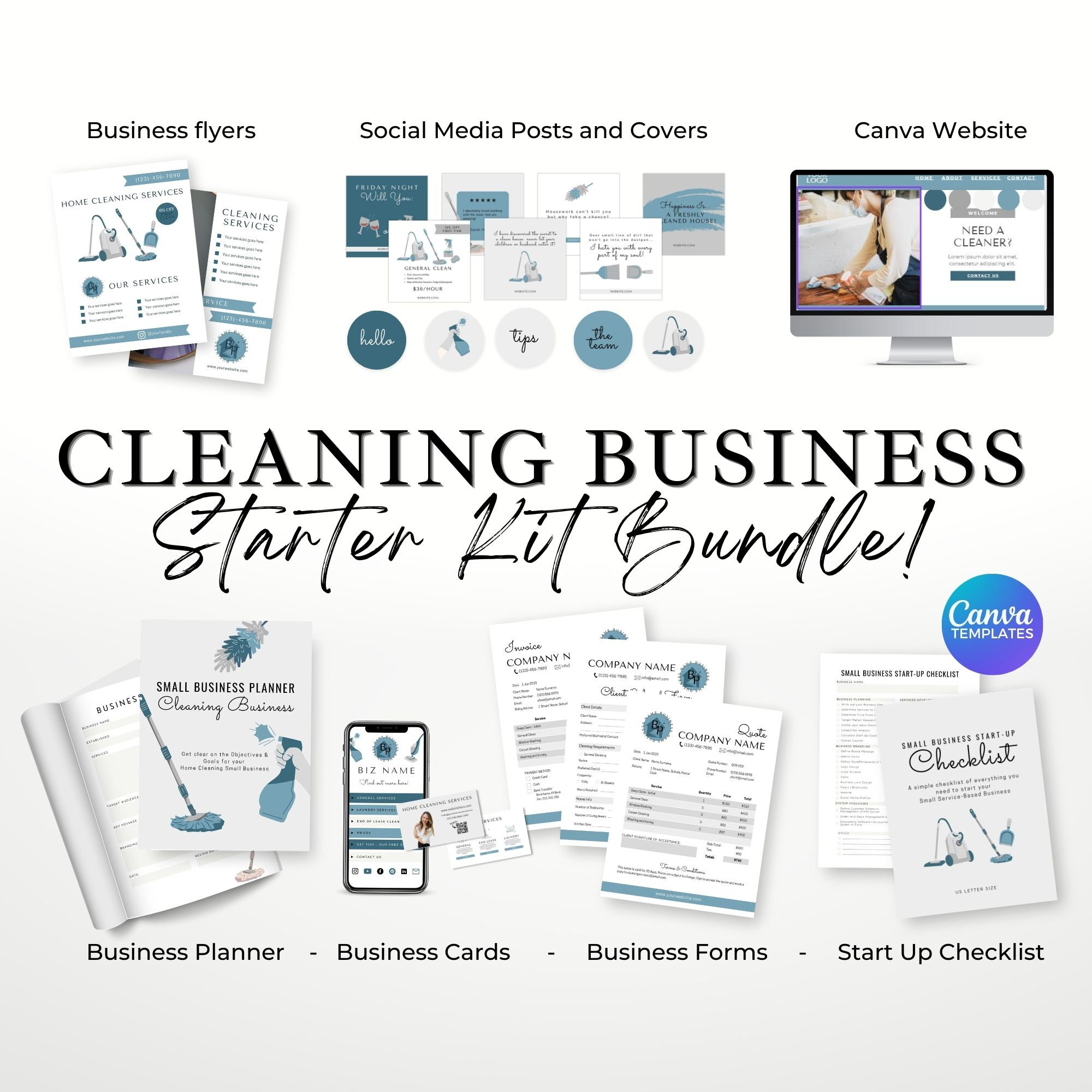 Cleaning Business Startup Bundle, Cleaning Business Forms, Blue Canva ...