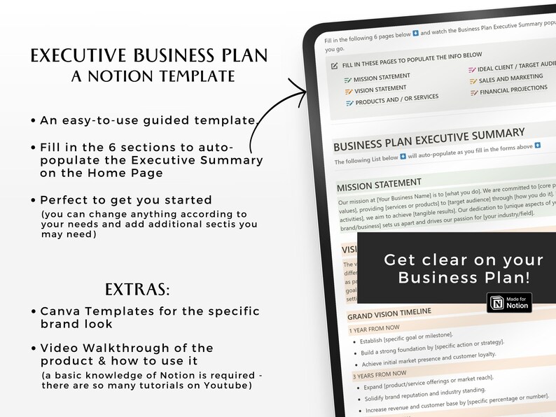 Small Business Plan Notion Template, Guided Executive Summary, Mission ...