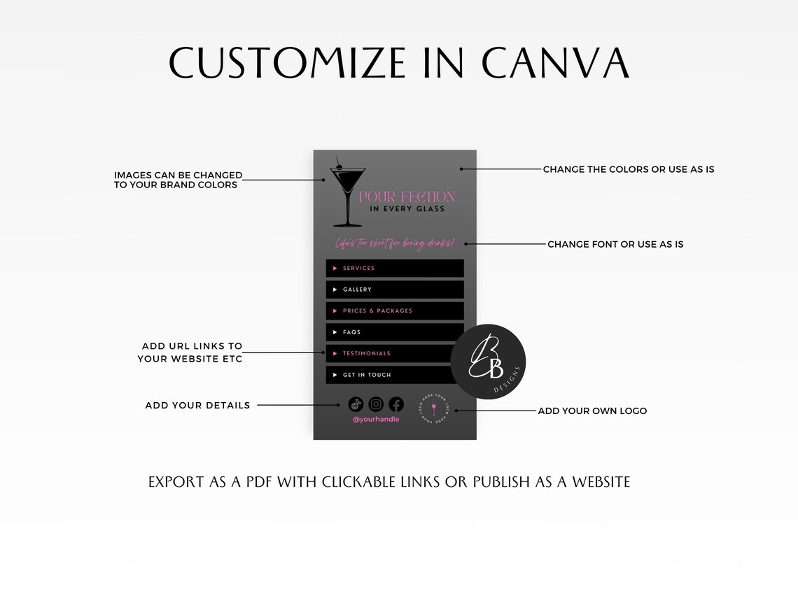Mobile Bartending Business Card, Vertical Quick Links Website, Link in ...