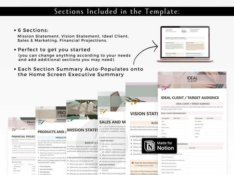 Notion Business Plan Template, Small Startup, Guided Executive Summary, Mission Statement, Ideal ...
