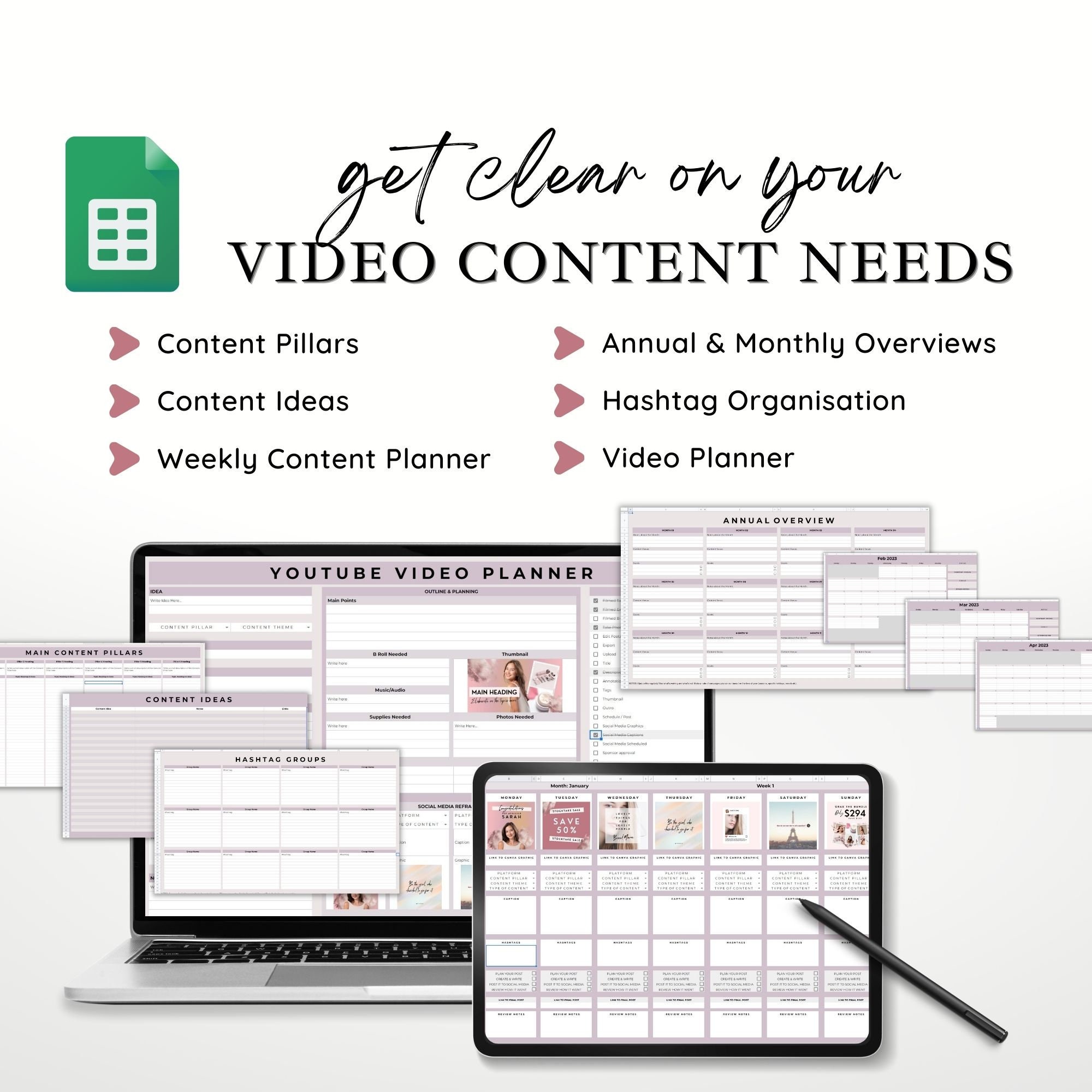 Digital Youtube Content Planner Google Sheets, Video Planner, 2023 ...