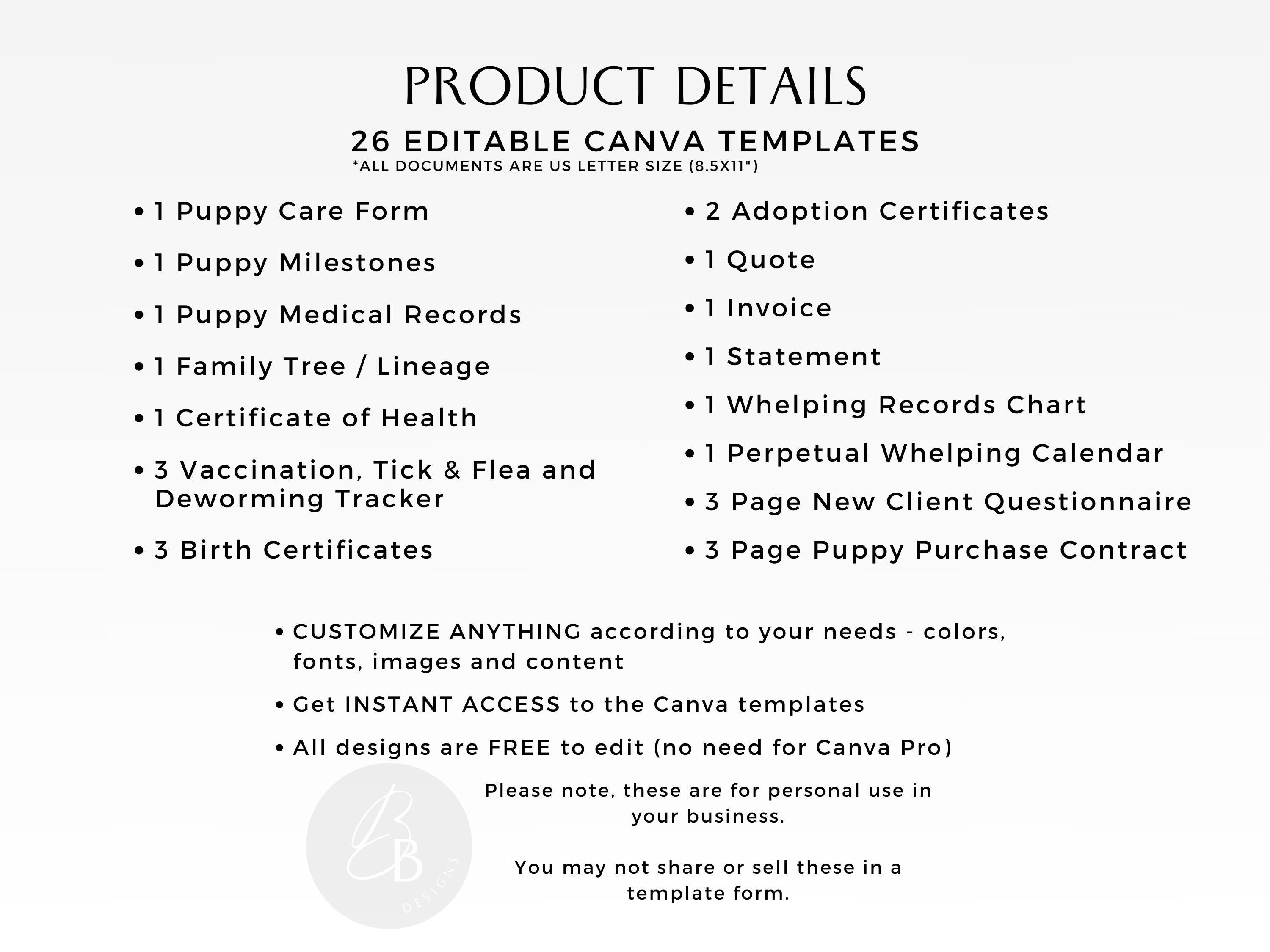 Dog Breeder Paperwork, Puppy Pack Forms, Editable Canva Templates, Dog ...