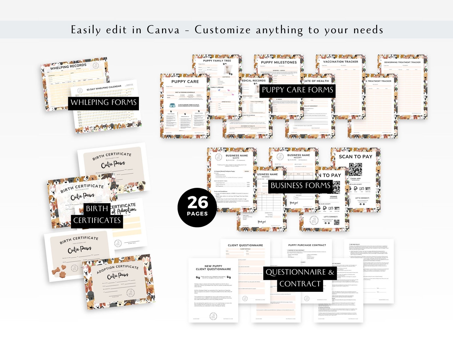 Dog Breeder Paperwork, Puppy Pack Forms, Editable Canva Templates, Dog ...