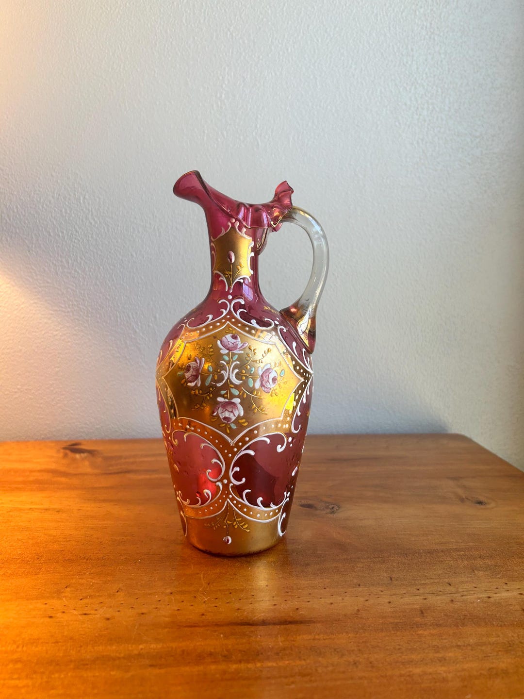 Antique Moser Cranberry Glass Pitcher: Enameled Victorian Bohemian ...
