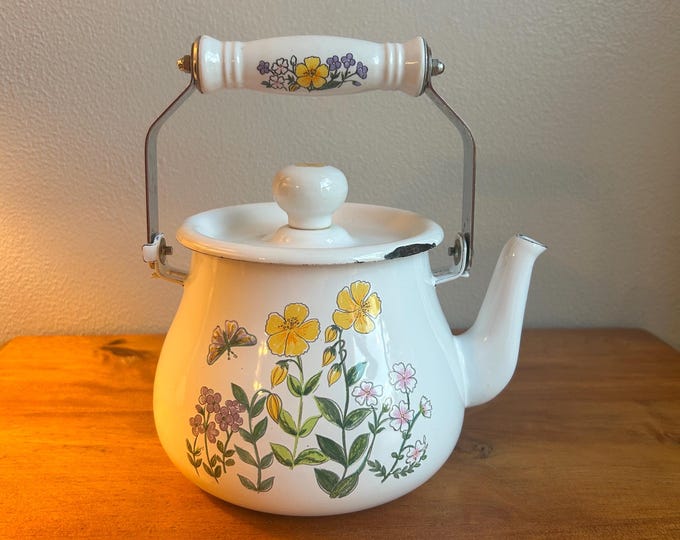 Vintage Enamel Tea Kettle, Flower Tea Kettle, Enamelware, Chippy Enamel ...