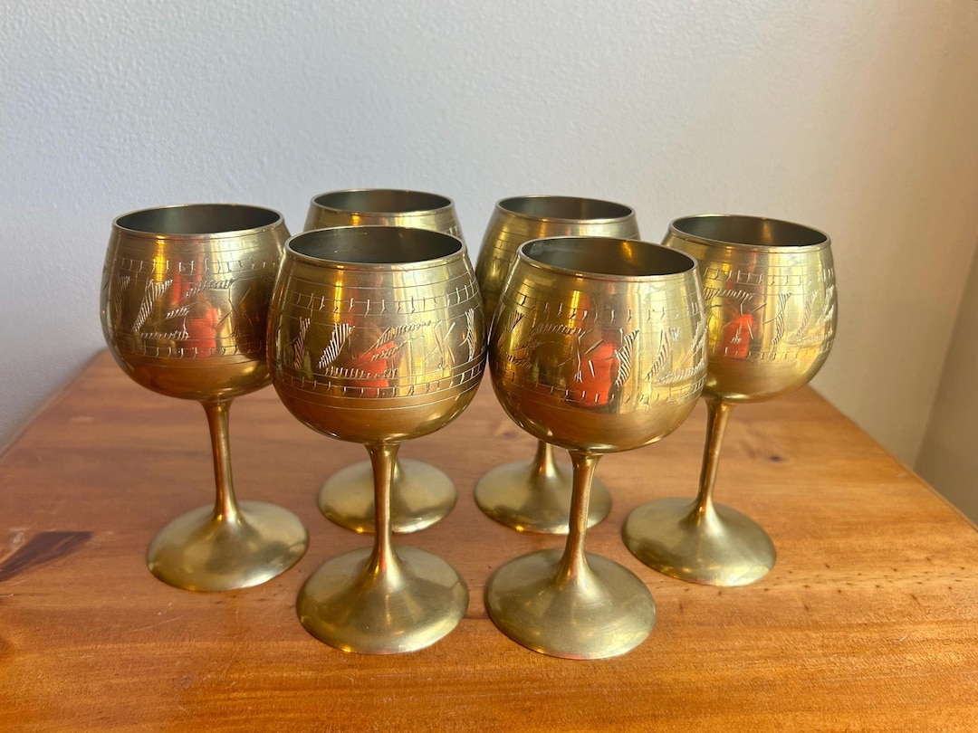Set of Six Etched Brass Goblets, Wine Goblets, Brass Chalice, Dining ...