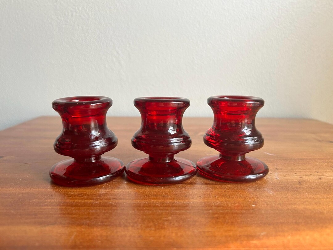 Vintage Set of Three Ruby Red Glass Candle Holders, Glass Candlesticks ...