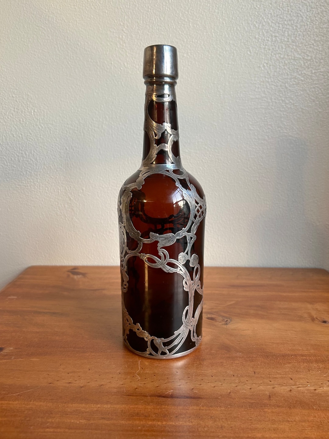 Antique Amber Glass Rye Liquor Bottle With Sterling Silver Overlay, Art ...