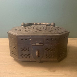 Antique Brass Jali Box, Brass Cricket Box, Vintage Jewelry Box Made in India, Cast Iron Handle ...
