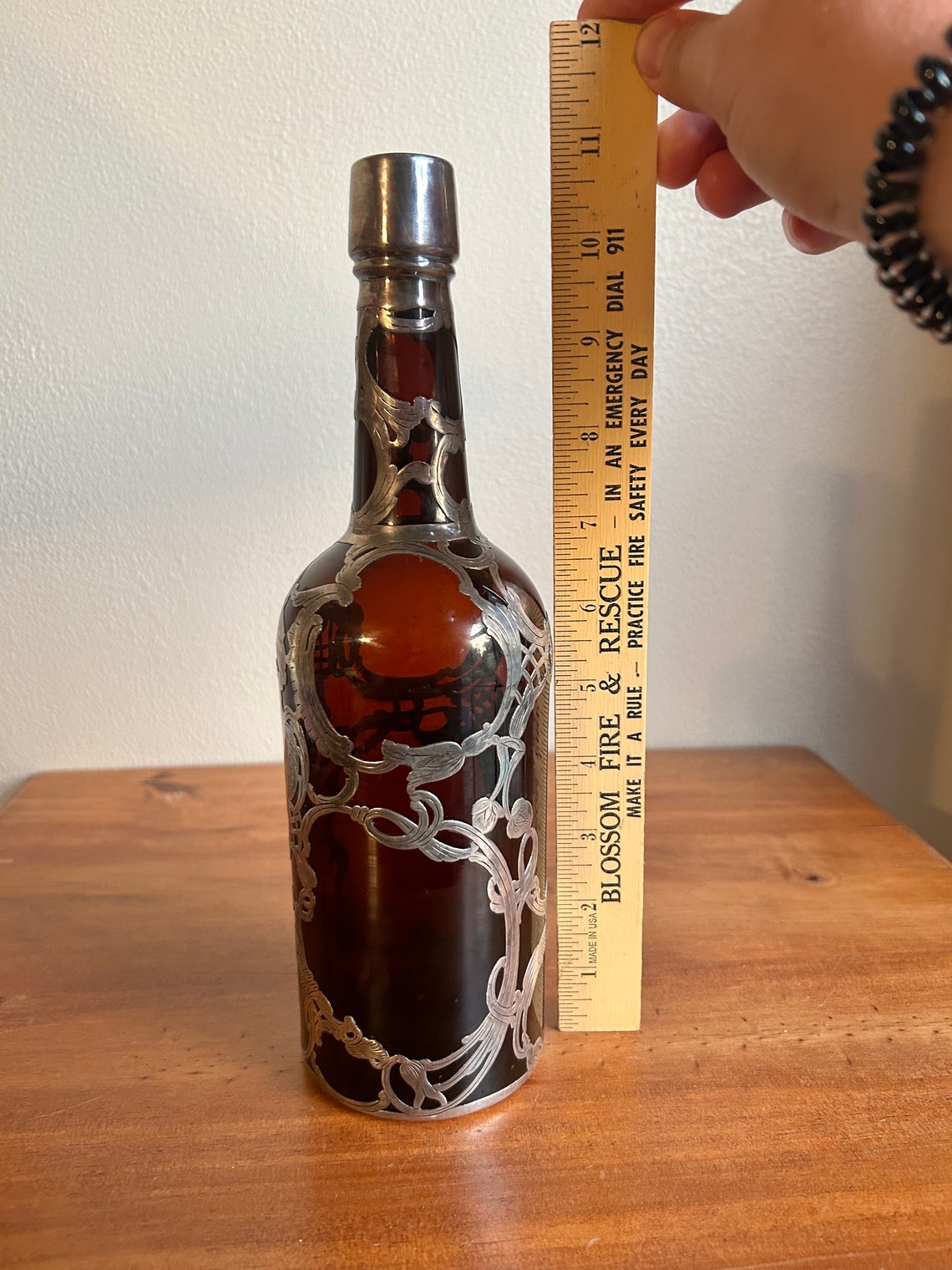 Antique Amber Glass Rye Liquor Bottle With Sterling Silver Overlay, Art ...