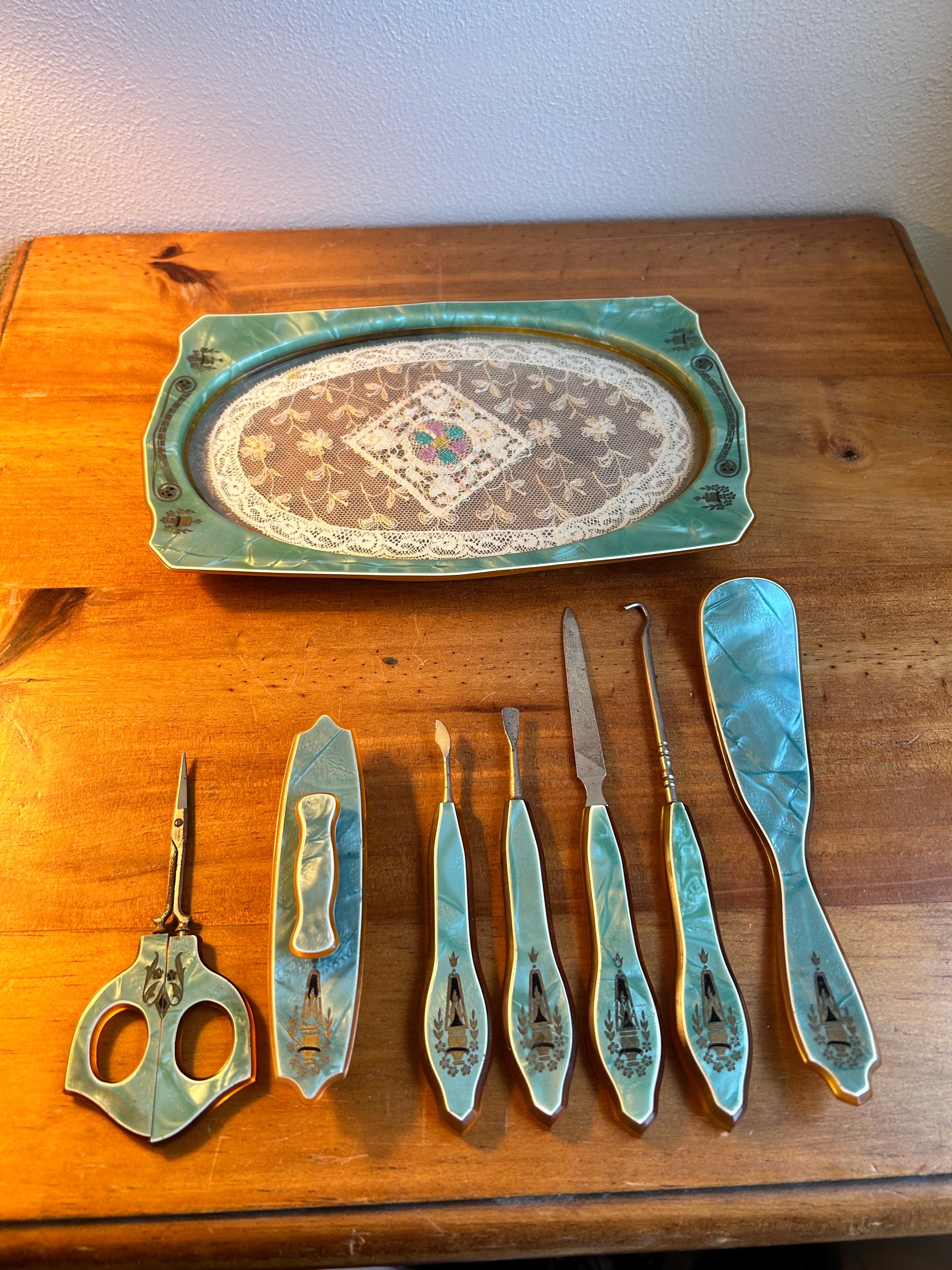 Antique Art Deco Vanity Containers, Celluloid Tops With Glass Bottoms ...