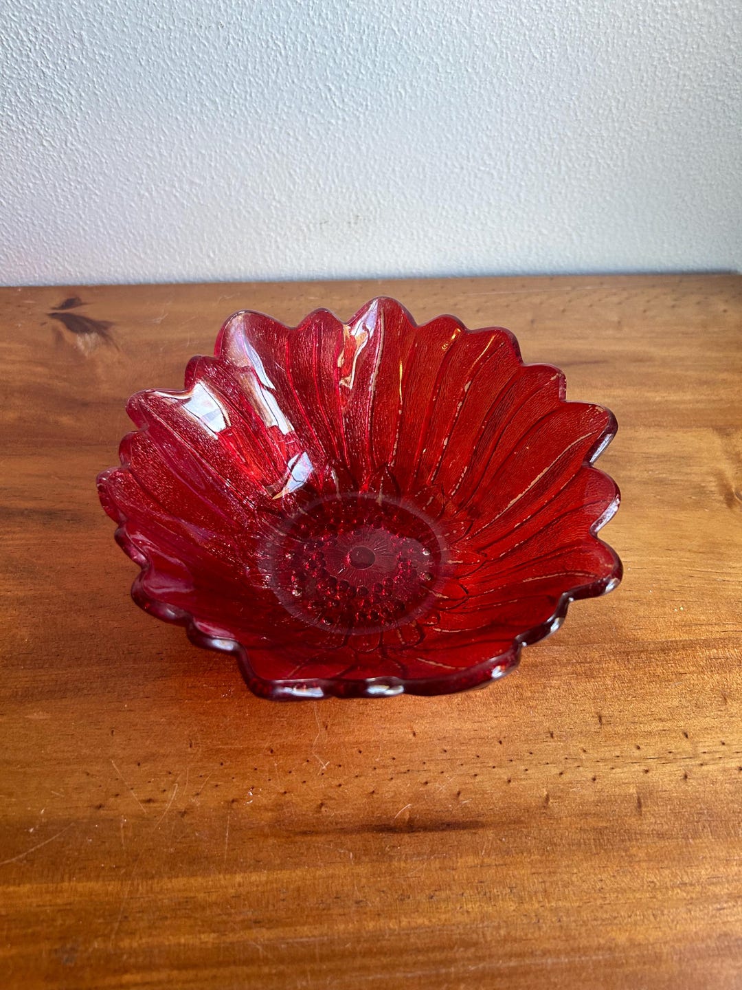 Vintage Ruby Red Flashed Glass Bowl, Red Glass Flower Bowl, Flashed ...