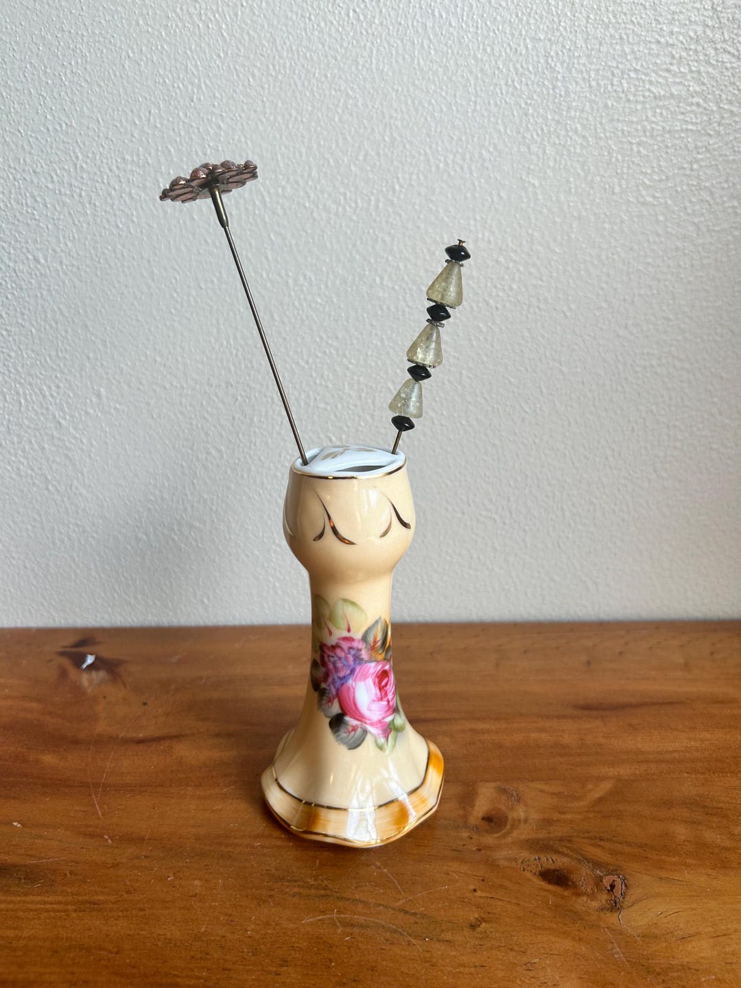 Handpainted Nippon Hat Pin Holder With Two Vintage Hat Pins, Vanity ...