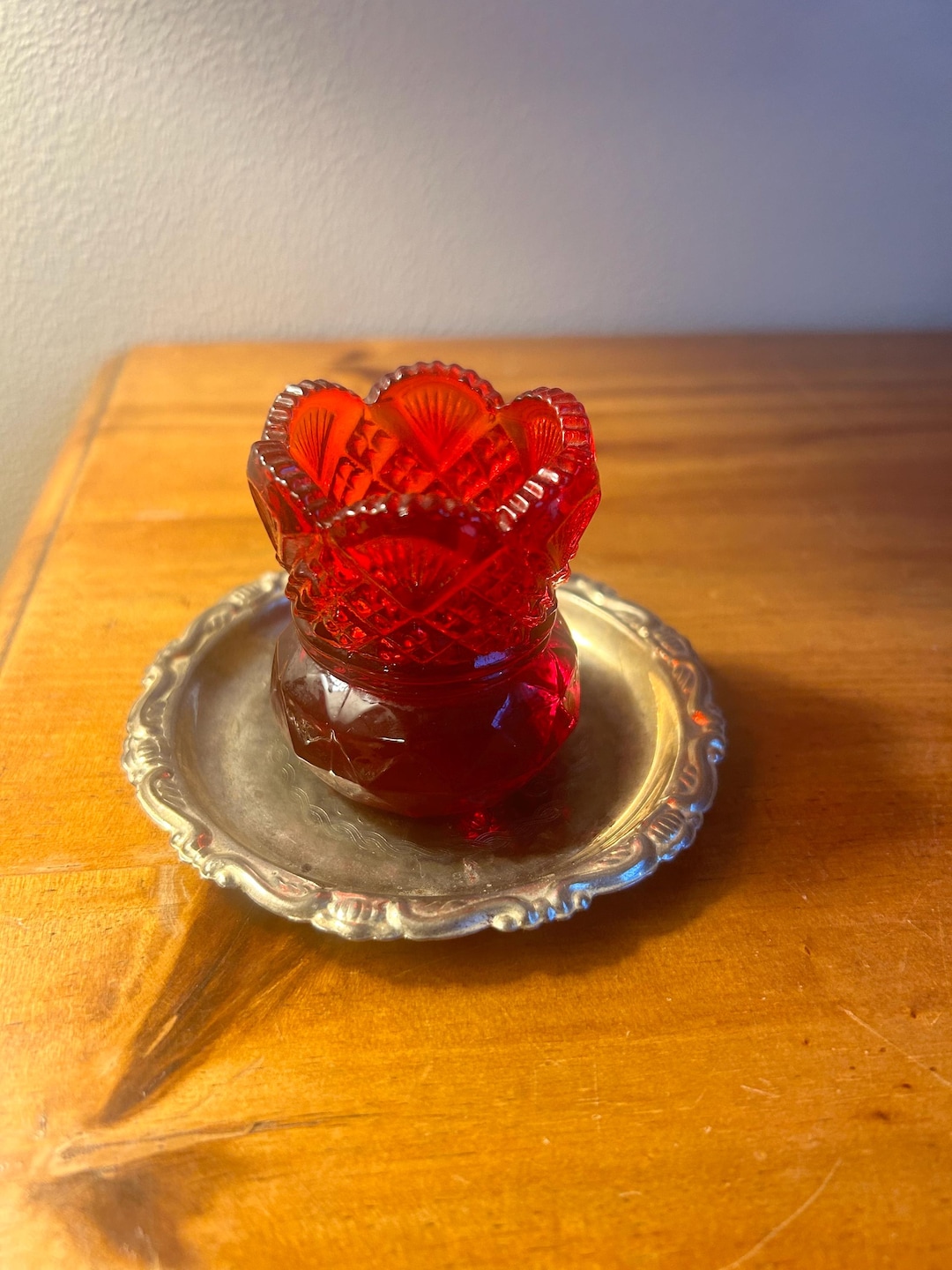 Antique Ruby Red Glass Toothpick Holder With Silver Underplate, Pressed ...