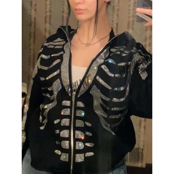 Y2k Rhinestone Skeleton Hoodie Skeleton Zip Up Rhinestone - Etsy