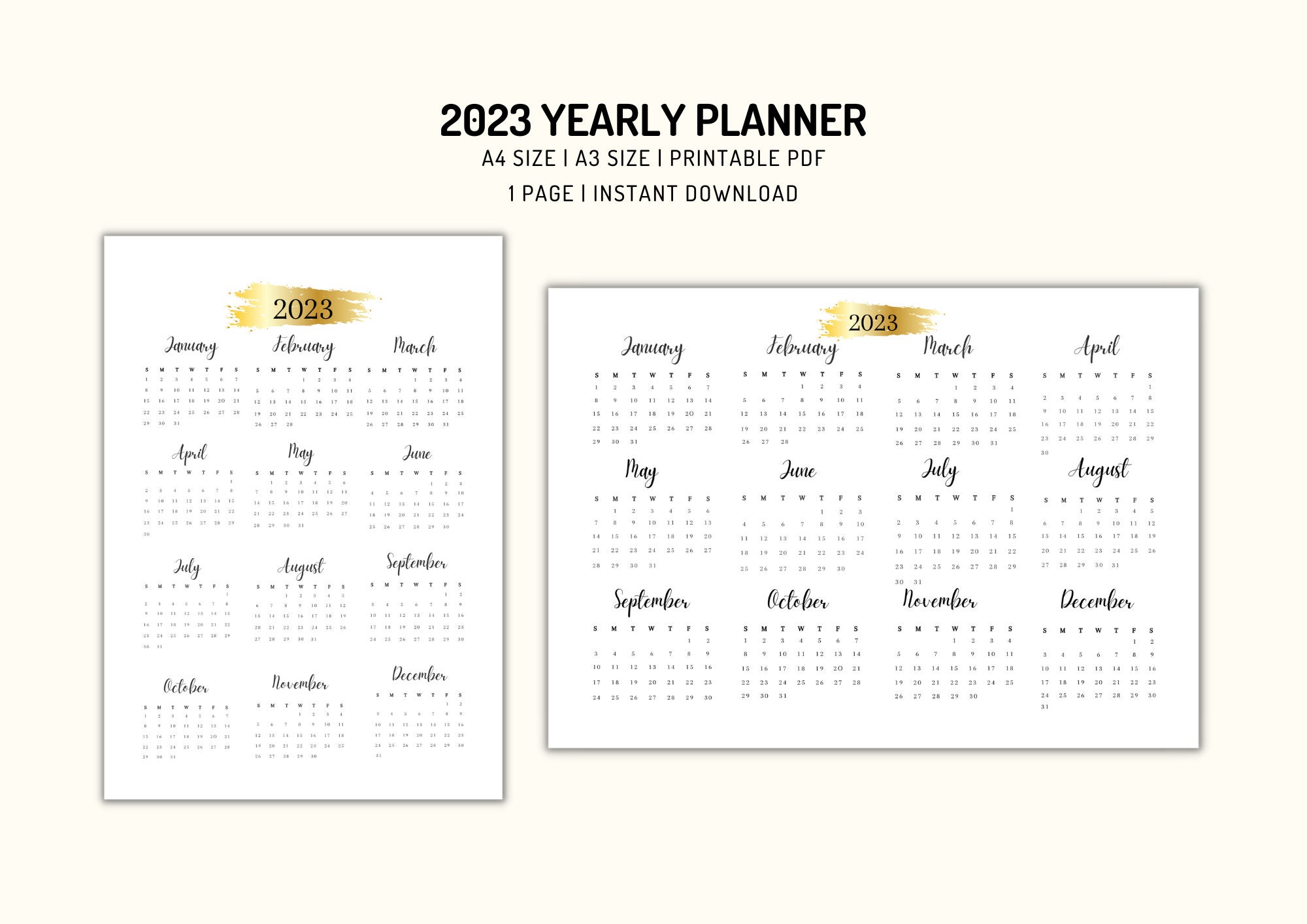 2023 Yearly Calendar Printable, Yearly Wall Calendar, Desk Calendar ...