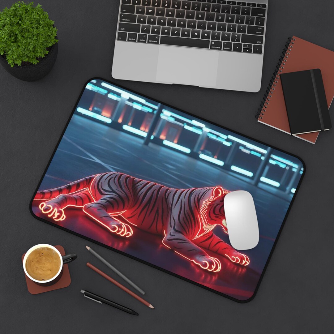 Neon Tiger Desk Mat, Gaming Accessories, Office Decor, Animal Theme ...