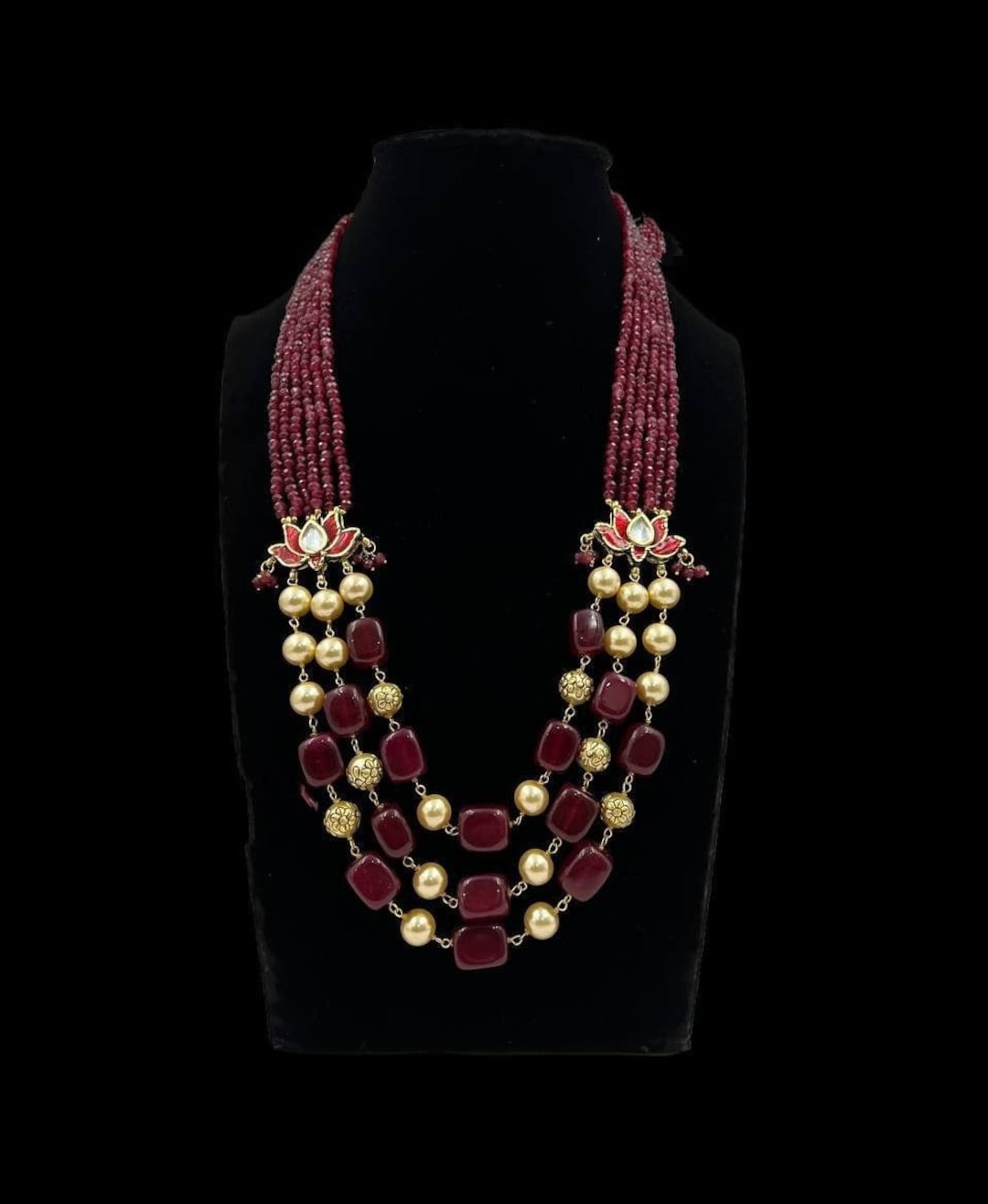 Lotus Semi Precious Ruby Beads Gold Touch Necklace | Indian Designer ...