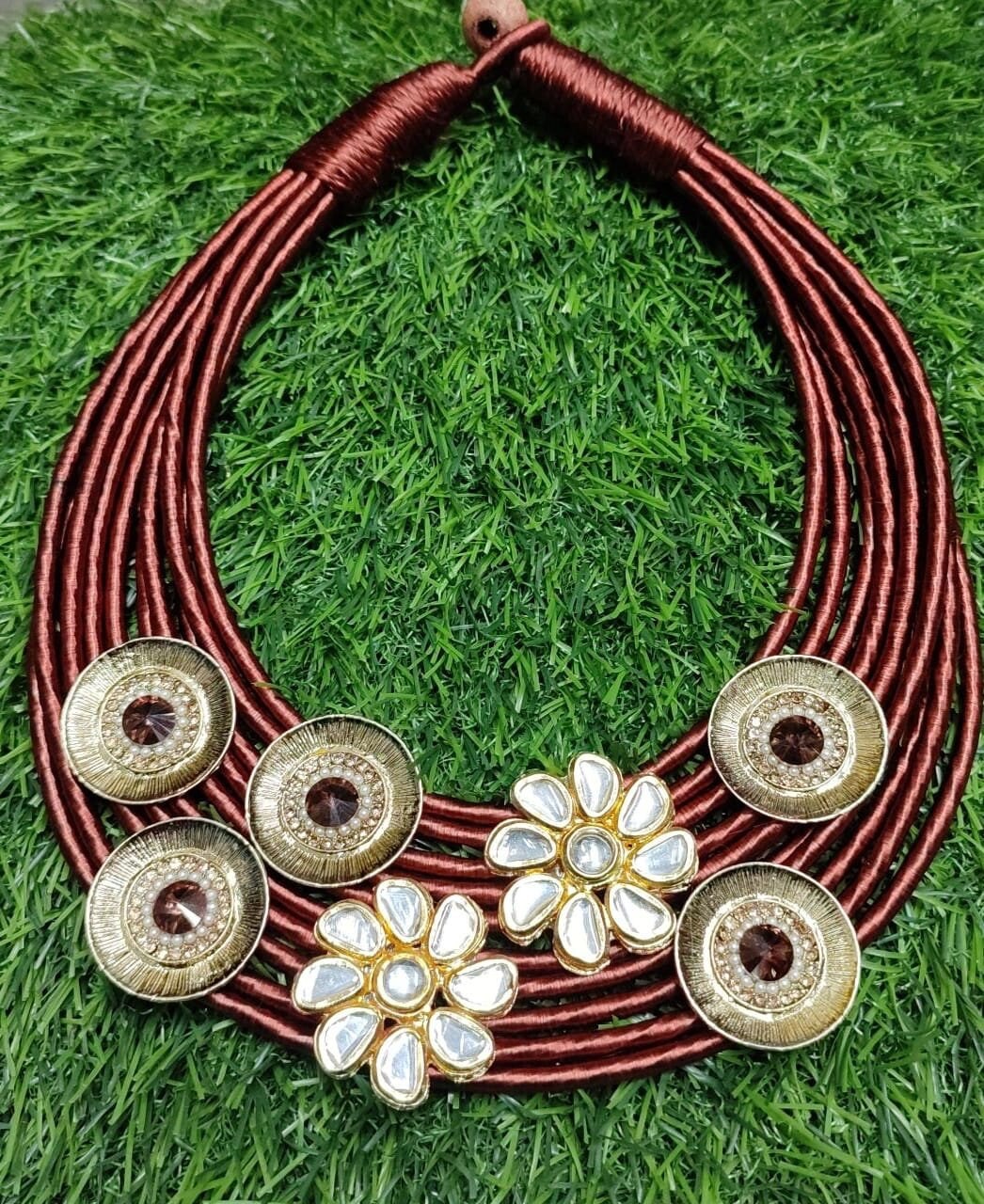 Kundan Jute Pink Necklace | Multilayered Hemp Jewelry | Statement Jute ...