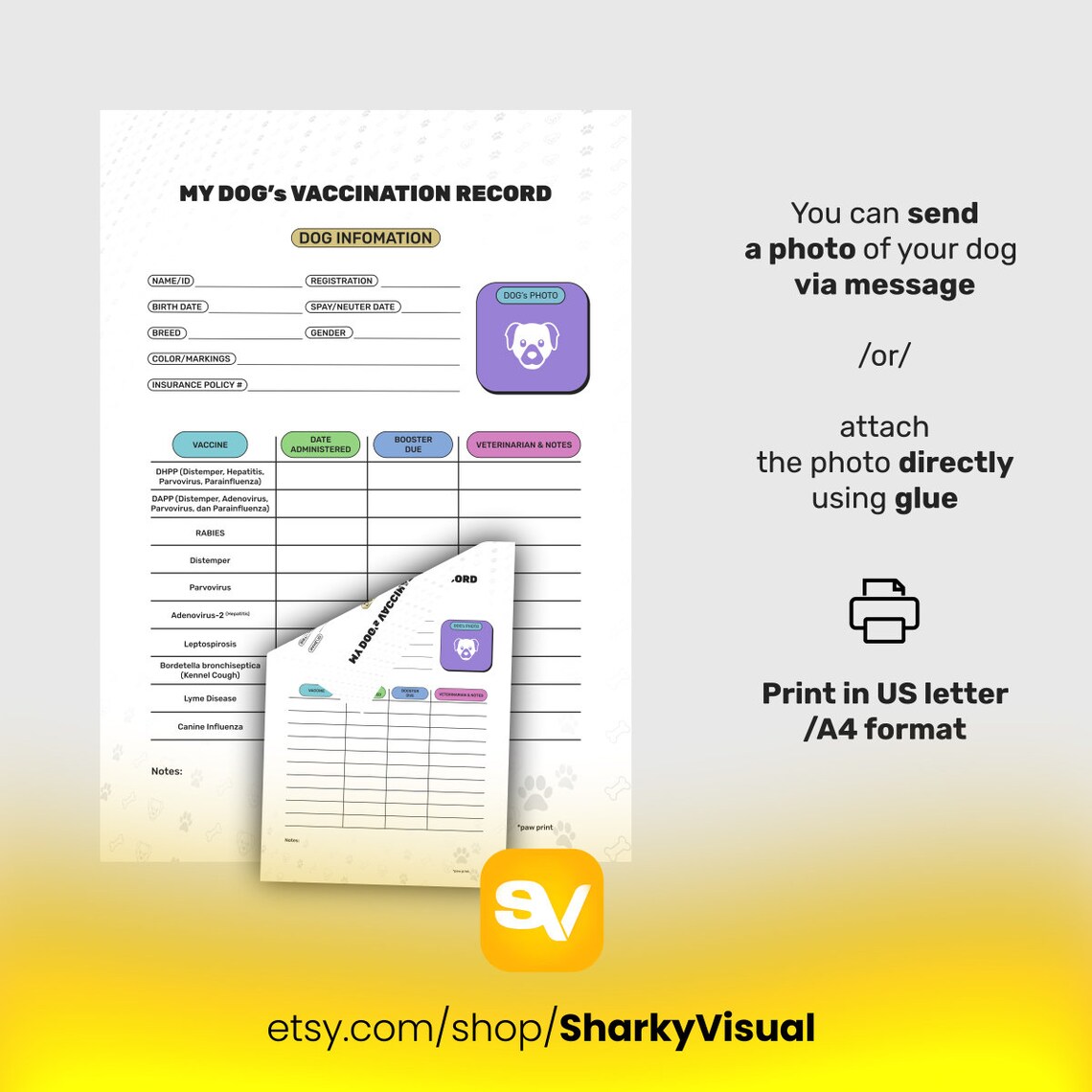 Puppy Vaccination Record, Printable Dog Health and Immunization Record ...