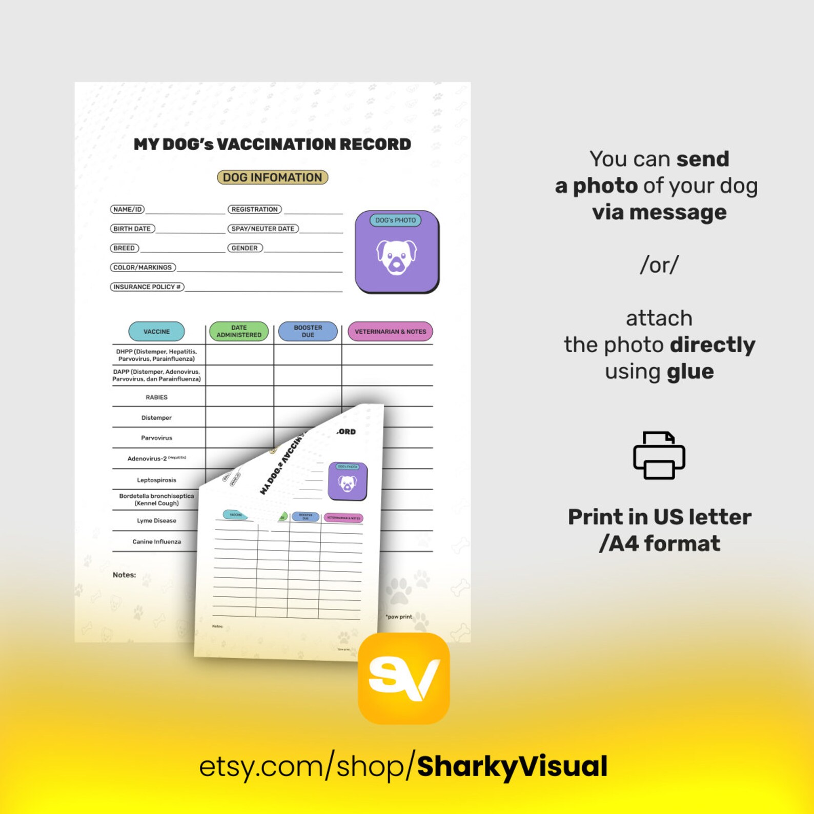 Puppy Vaccination Record, Printable Dog Health and Immunization Record ...