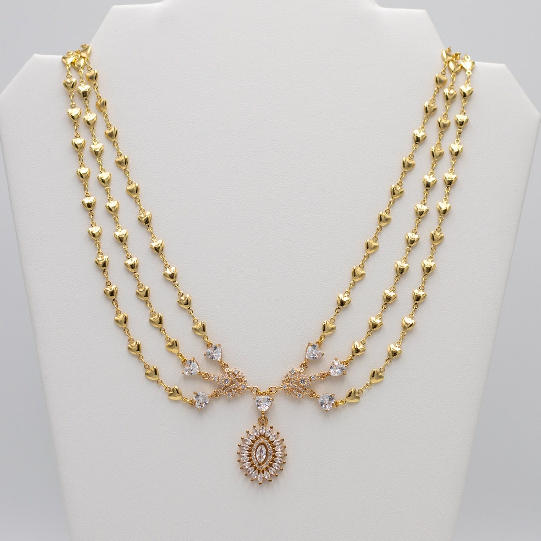 Heart Necklace Triple Strand CZ Gold-plated - Etsy