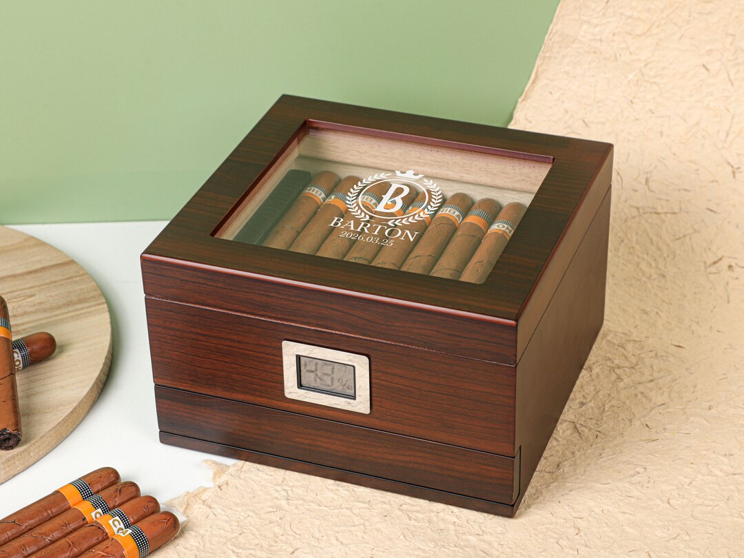 Personalized Cigar Box With Digital Hygrometer, Custom Glass Top Cigar ...