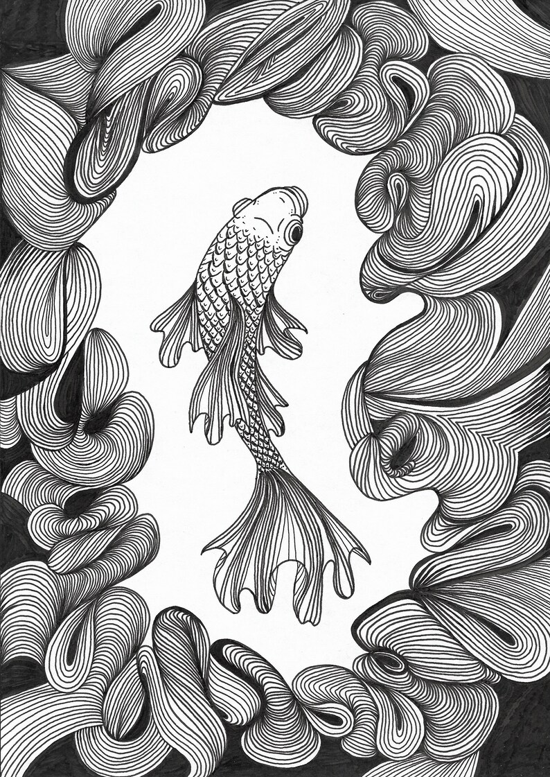 Koi Fish Fine Line Printable Art Poster - Etsy