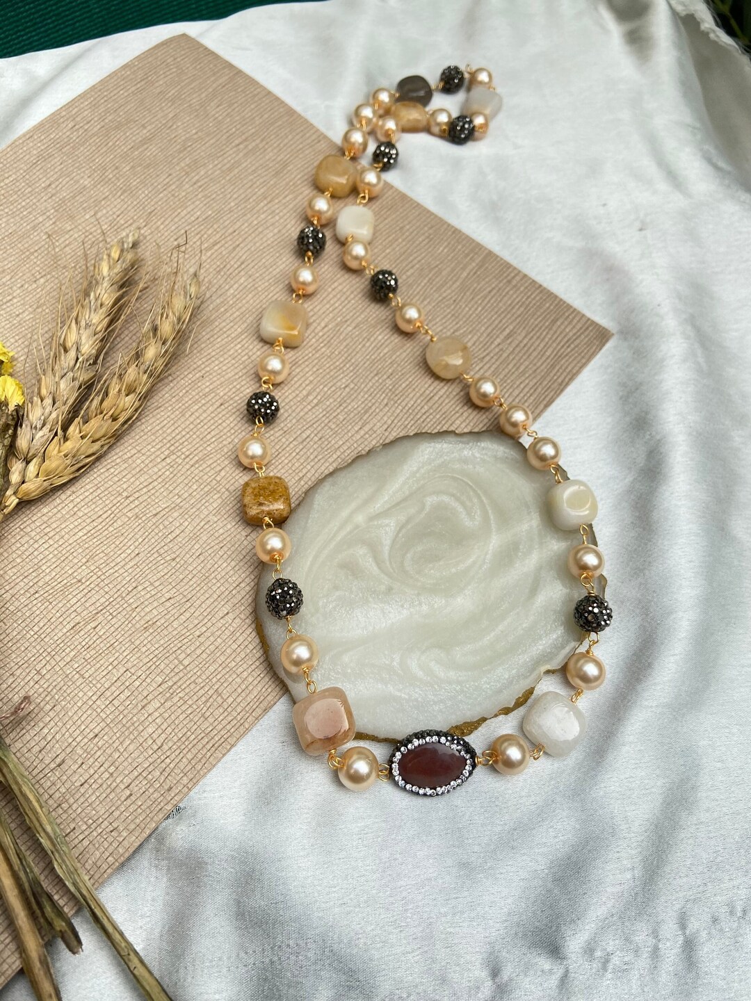 Pearl Necklace, Calcite Necklace, Long Chain Necklace, Crystal Necklace ...