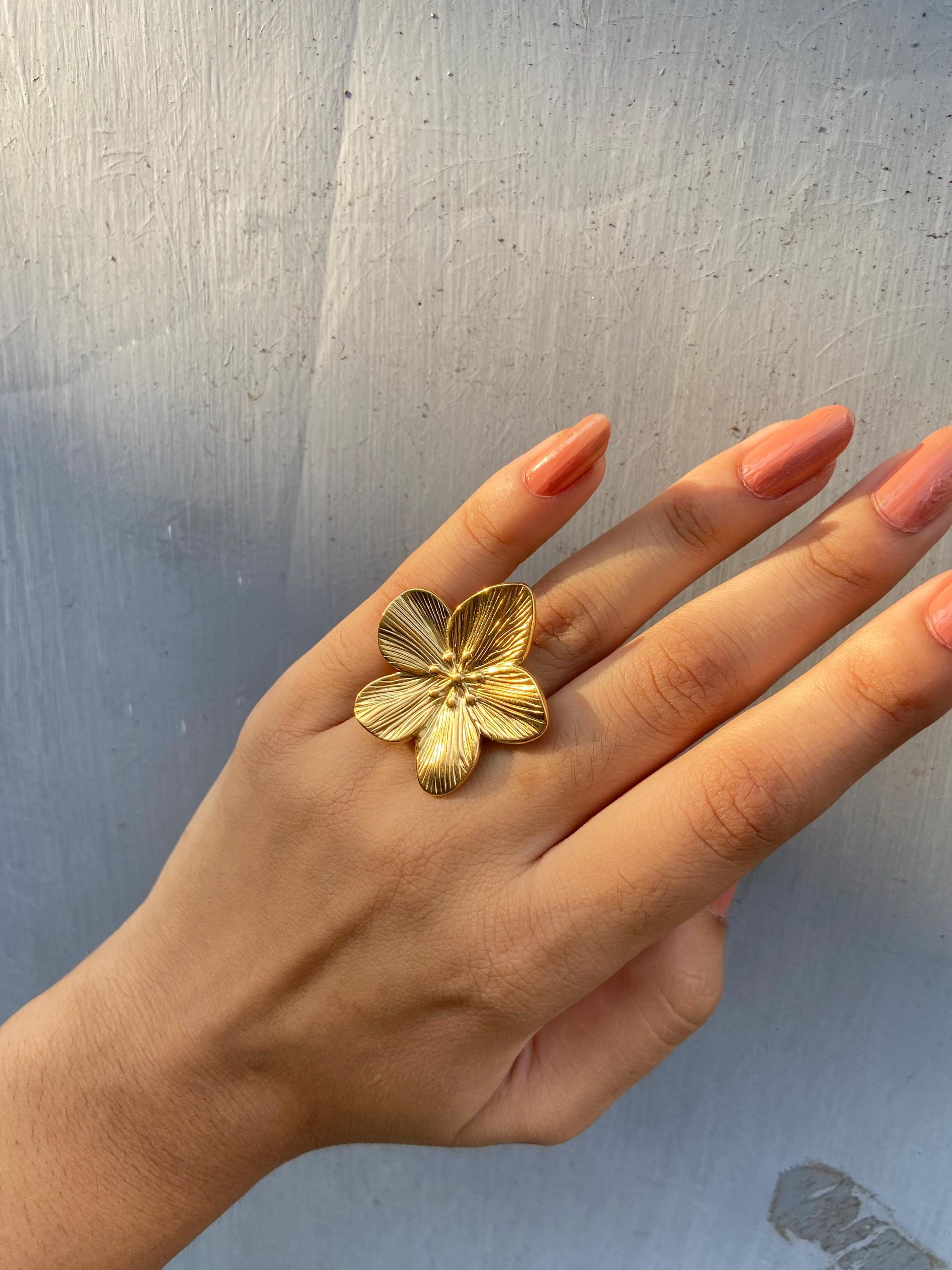 18k Gold Plated Flower Ring, Bold Statement Ring, Hibiscus Ring, Minimalist Plumeria Ring ...