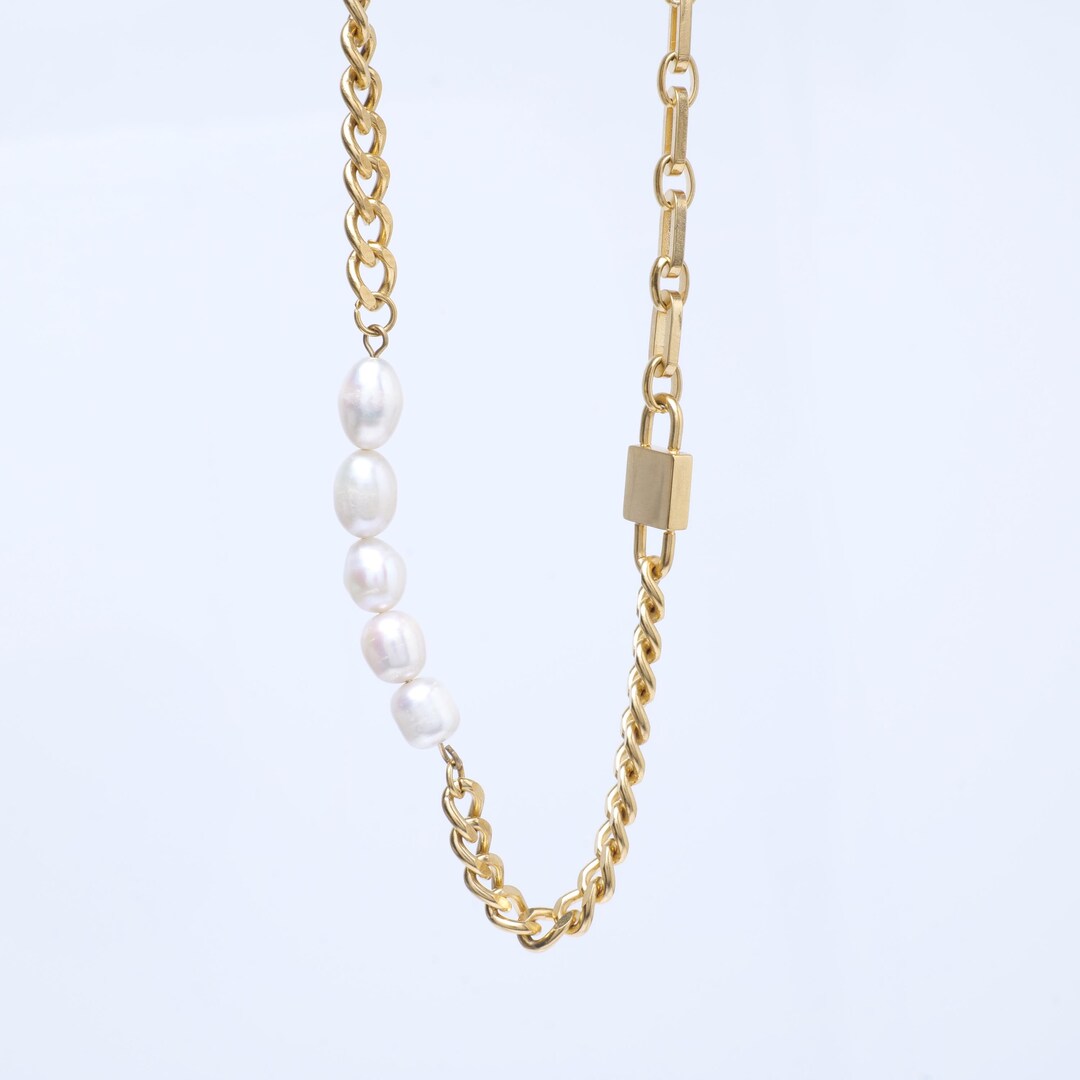 18kt Gold Plated Pearl Cuban Chain Necklace, Pearl Lock Choker ...