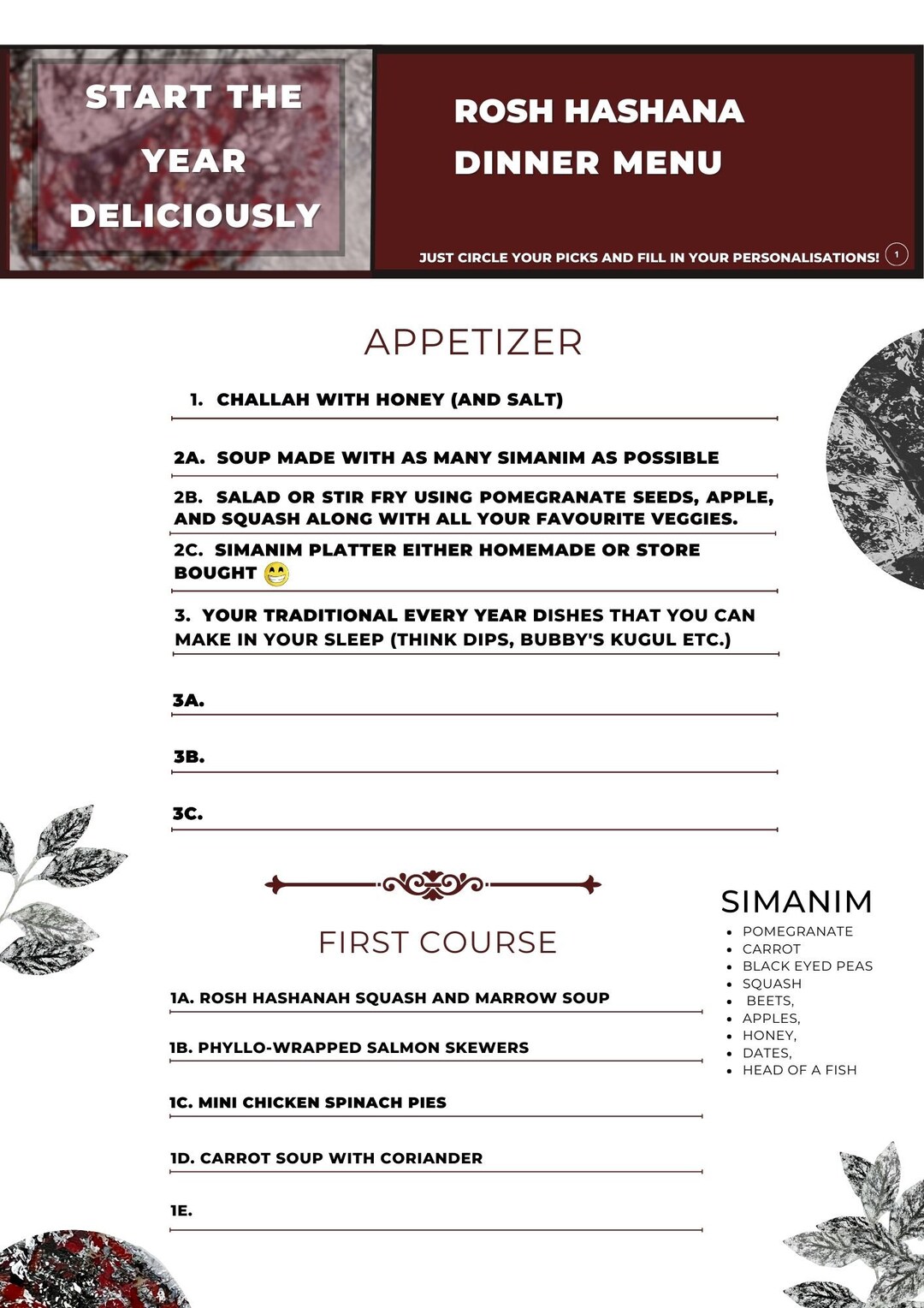 Embellished Rosh Hashana AKA Jewish New Year Menu - Etsy Israel