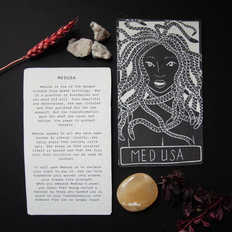 Medusa, Greek Myths Oracle Cards | Goddess Handmade Linocut Art, Eco ...
